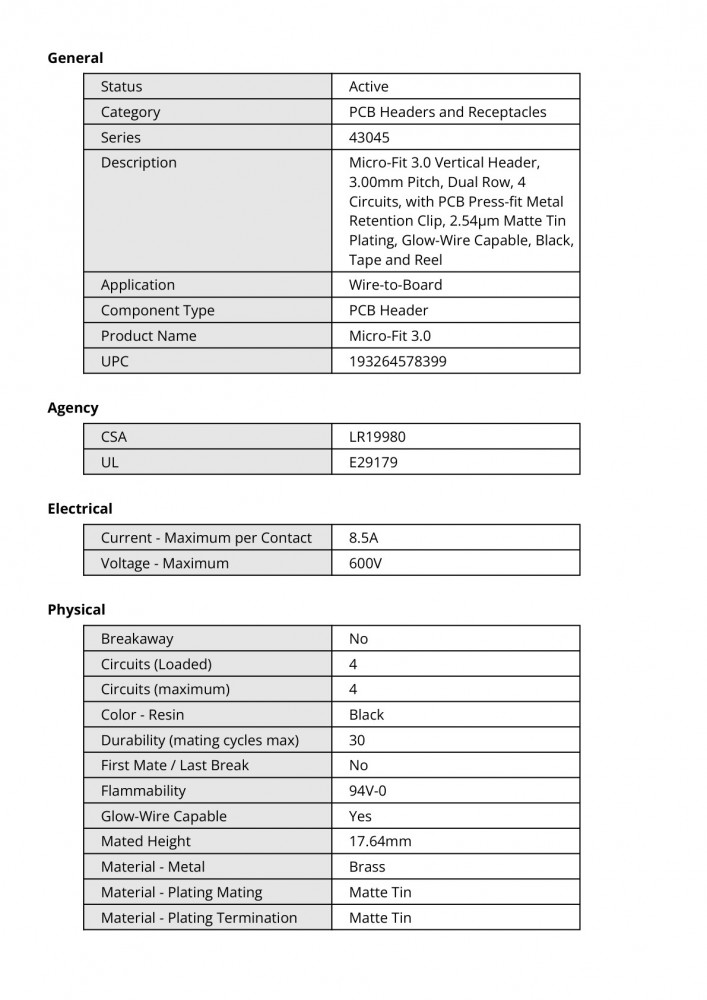 Technical document page 2 for MOLEX 430450520