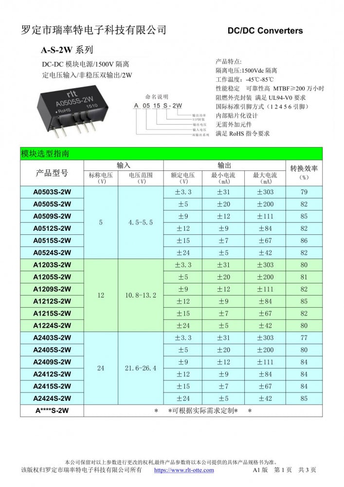 RLT A2405S-2W datasheet page 1