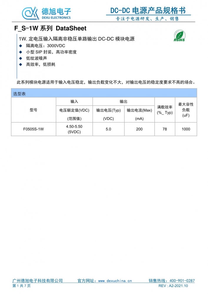 F0505S-1W datasheet page 1