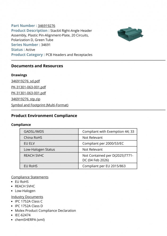 MOLEX 346919276 technical document preview, page 1