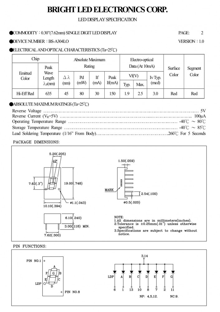 BS-A304LO datasheet page 2: electrical, optical, package and pin information