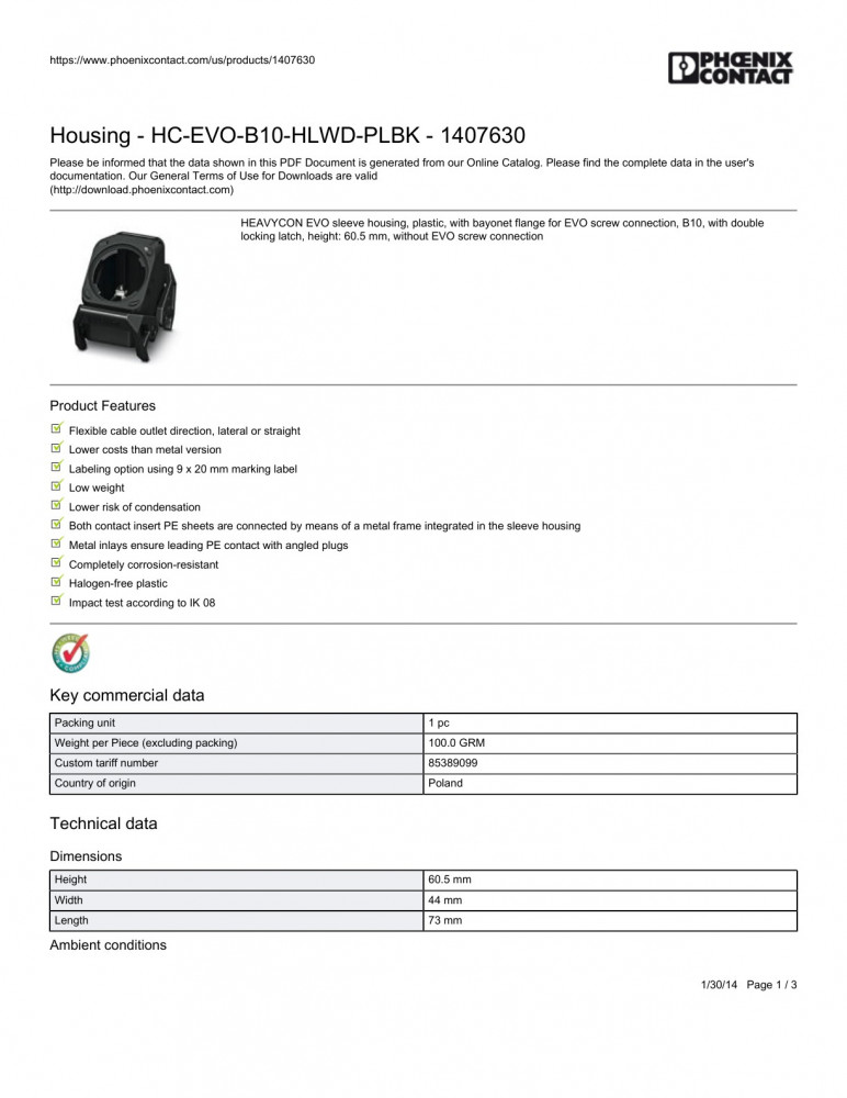 Phoenix Contact 1407630 product documentation image 1