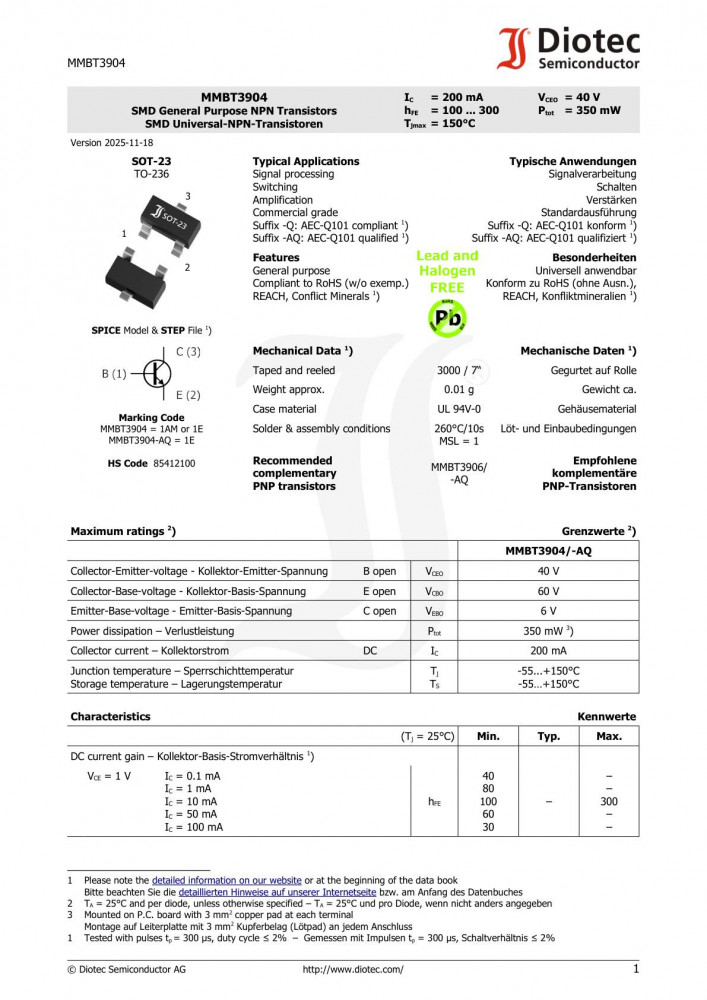 DIOTEC MMBT3904 datasheet page 1