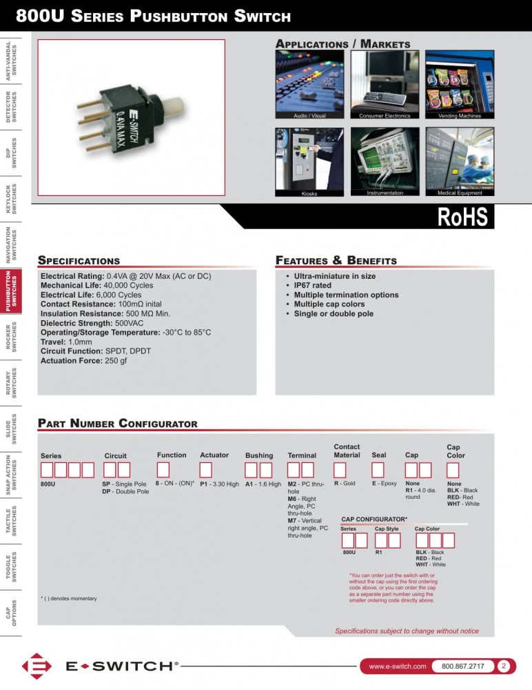 E-Switch 800U Series datasheet page 1