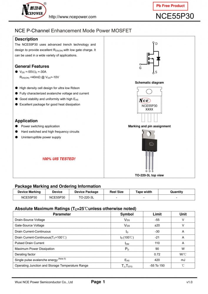 NCE55P30 datasheet page 1