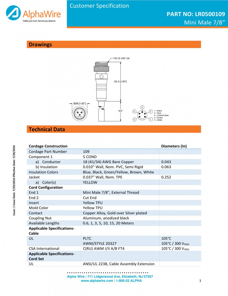 Alpha Wire LR0500109 YL358 technical drawing page 1