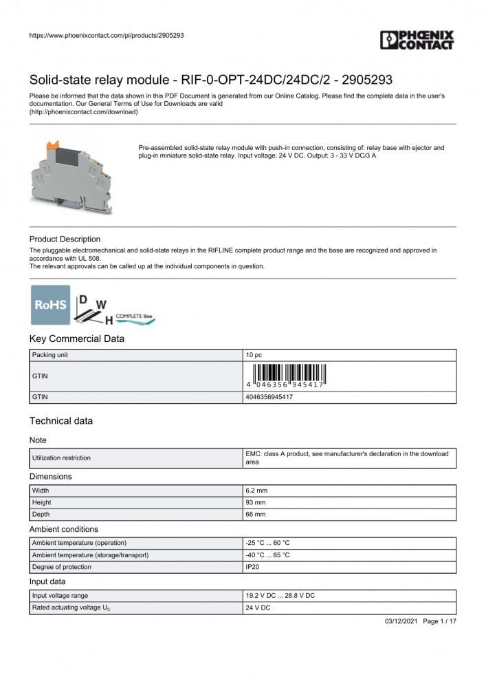 2905293 datasheet page 1