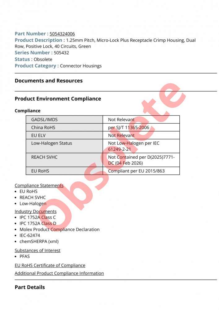 Technical document page 1 for MOLEX 5054324006