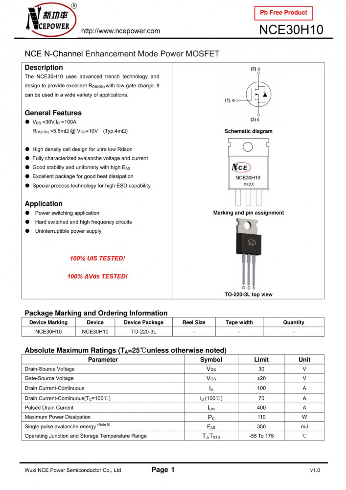 NCE30H10 datasheet page 1