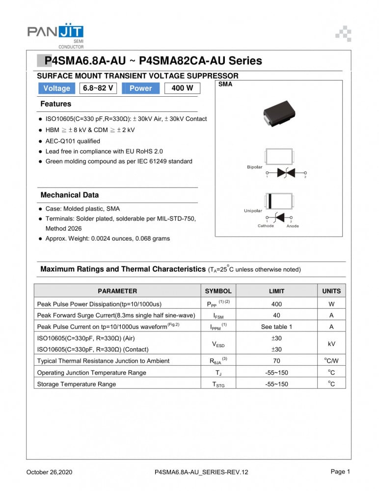 PANJIT P4SMA series datasheet page 1