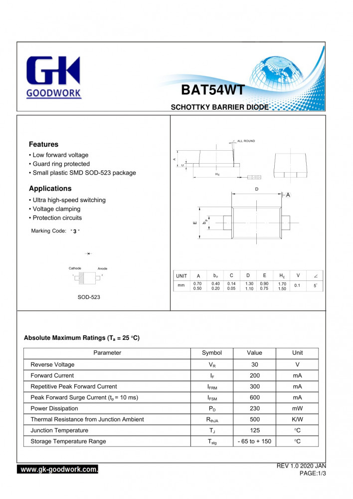 BAT54WT datasheet page 1