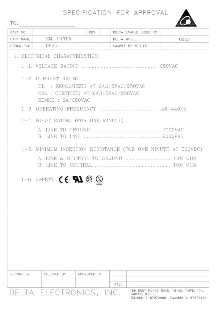 DELTA 06A5 EMI filter datasheet page 1