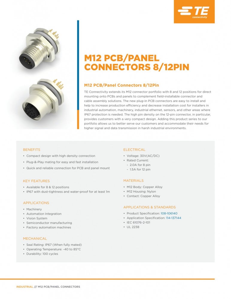 TE Connectivity M12 PCB and panel connectors brochure page 1