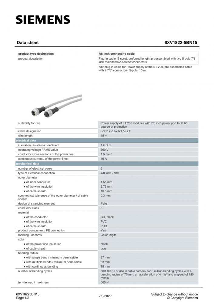 SIEMENS 6XV18225BN15 datasheet page 1