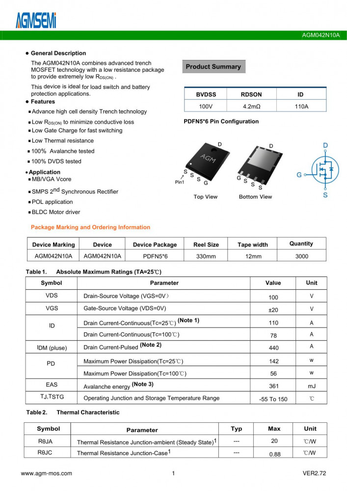 AGM042N10A datasheet page 1