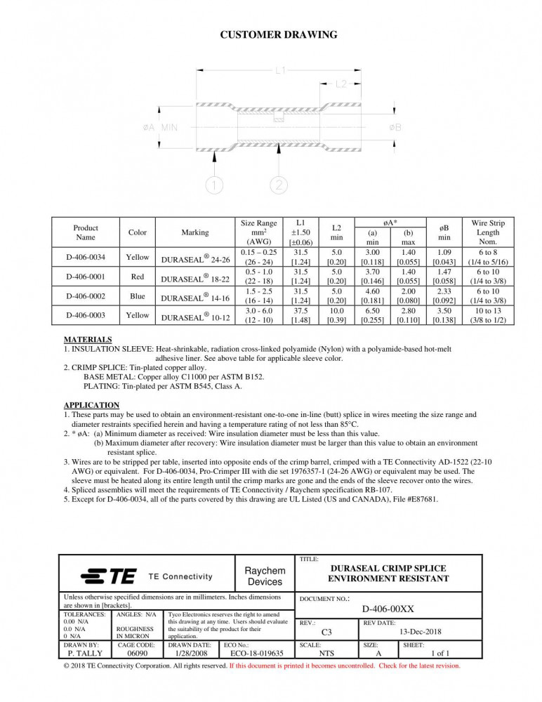 TE Connectivity DURASEAL crimp splice drawing preview