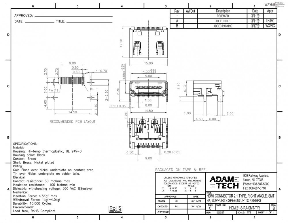 ADAM TECH HDMI21-S-RA-SMT-TR product drawing page 1