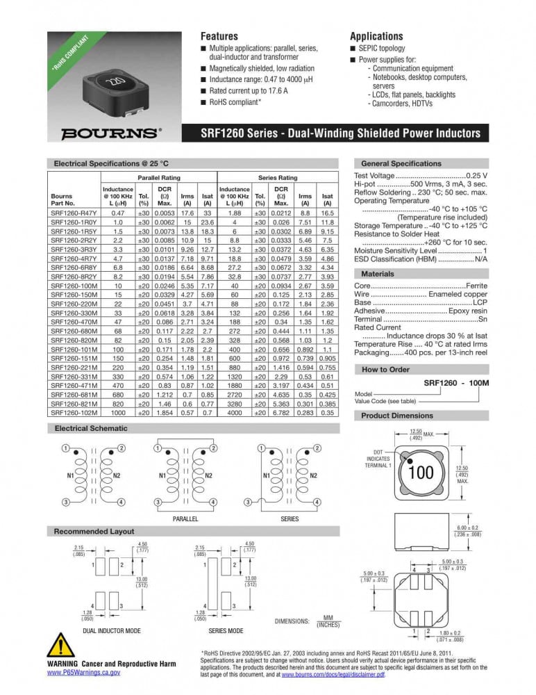 BOURNS SRF1260 series datasheet page 1