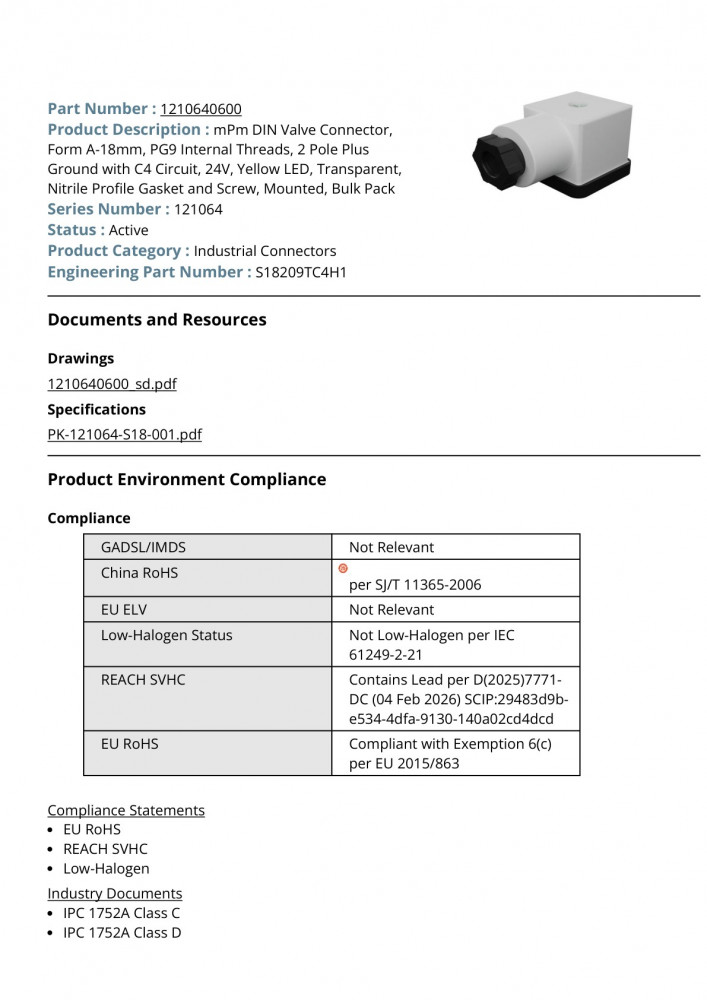 Molex DIN Valve Series S18 packaging specification, page image 1