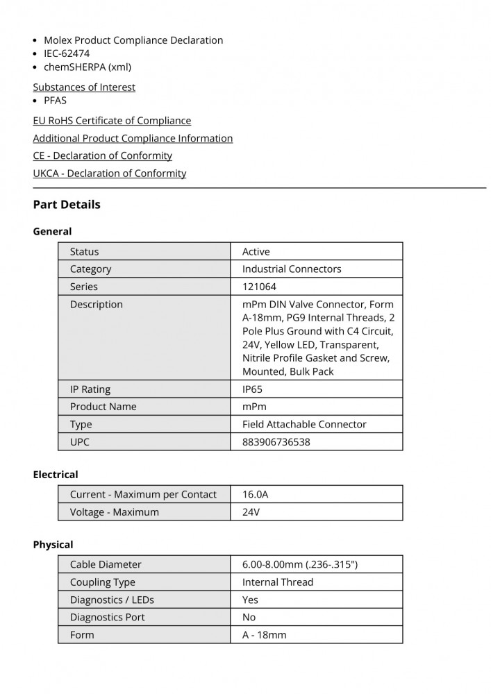 Molex DIN Valve Series S18 packaging specification, page image 2