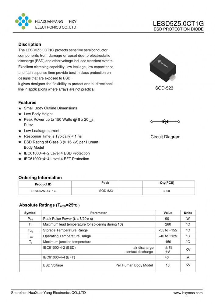 LESD5Z5.0CT1G datasheet page 1