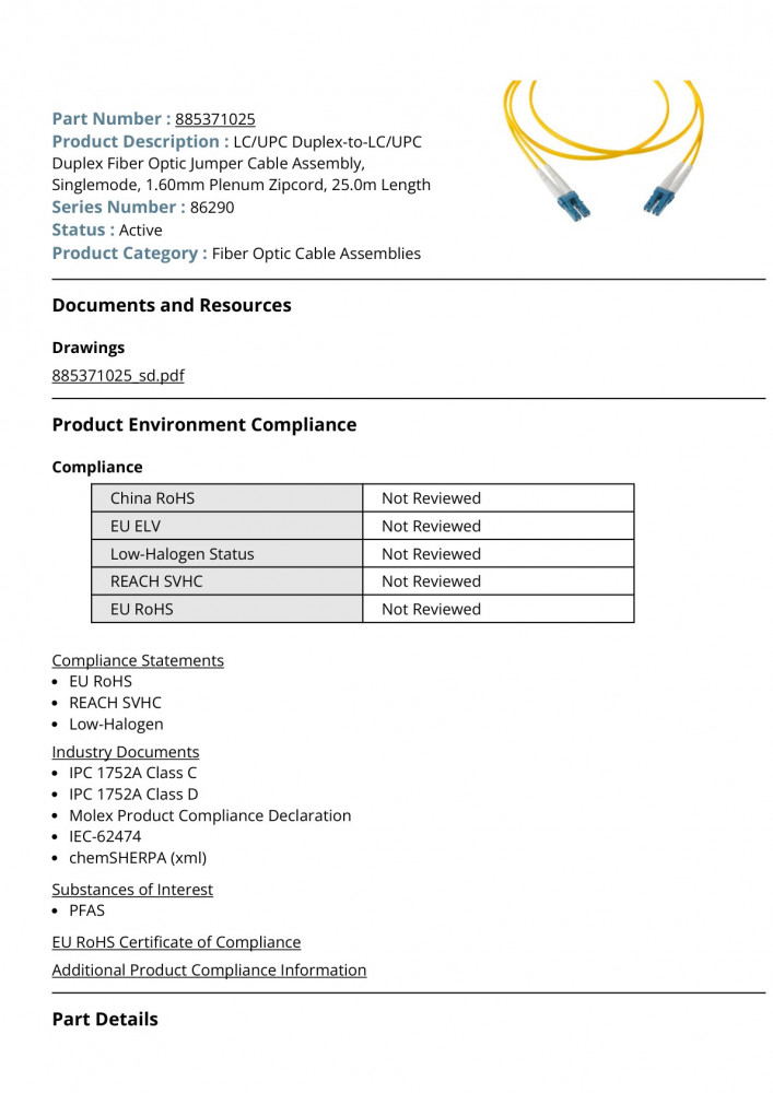 MOLEX 885371025 product drawing, page 1