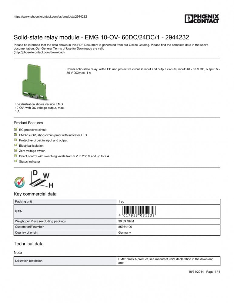 Phoenix Contact 2944232 technical document page 1
