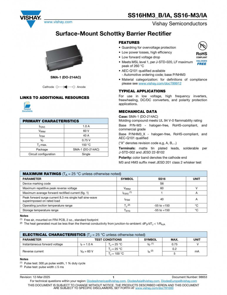 Vishay SS16 datasheet page 1