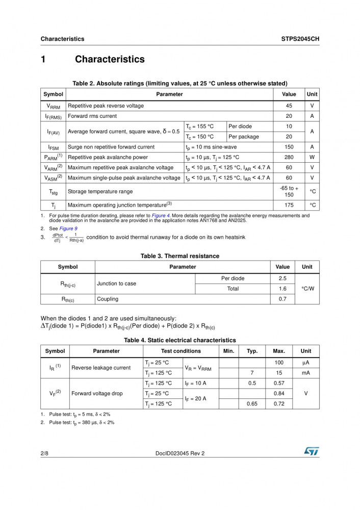 STPS2045CH datasheet page 2
