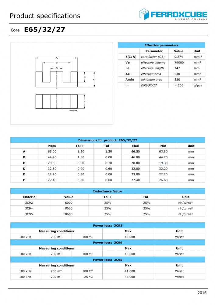 E65/32/27 ferrite core document page 1