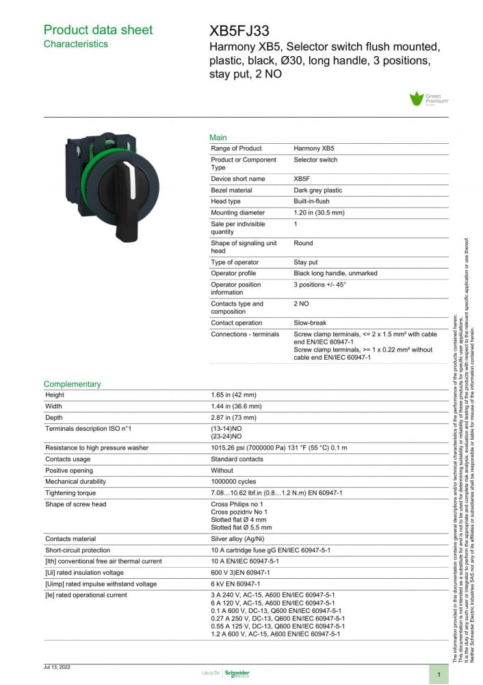 XB5FJ33 technical document page 1