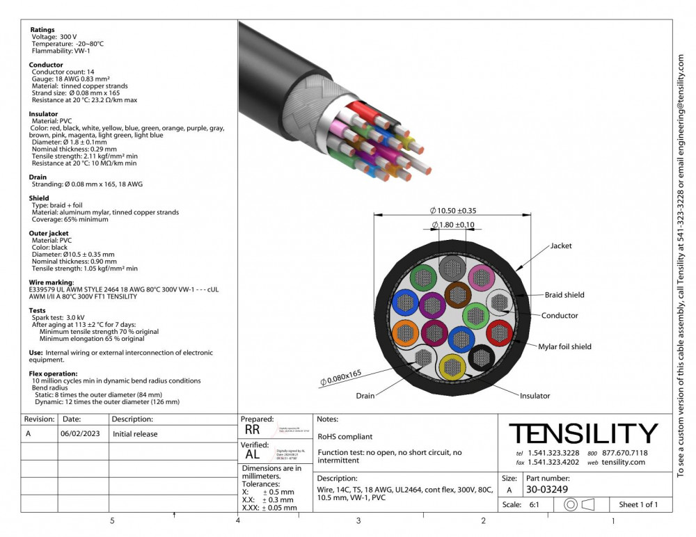 30-03249 product drawing and cable specification
