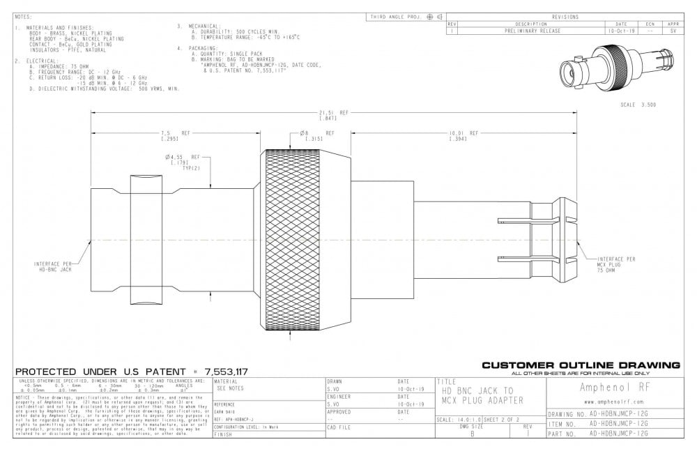 Amphenol AD-HDBNJMCP-12G technical drawing
