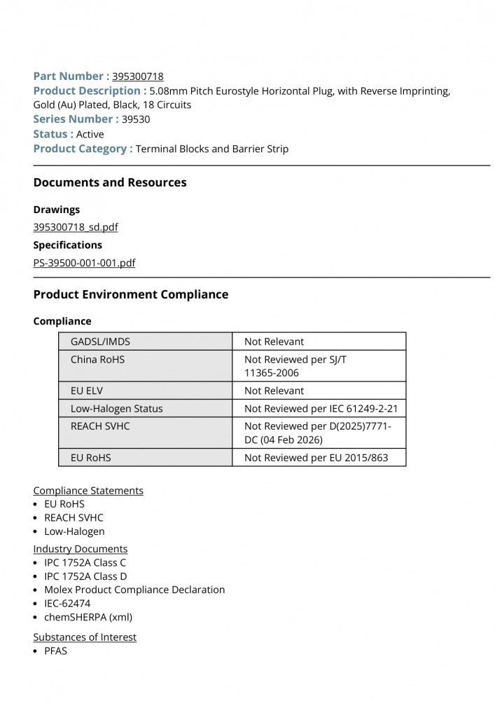 MOLEX 395300718 product document image, page 1