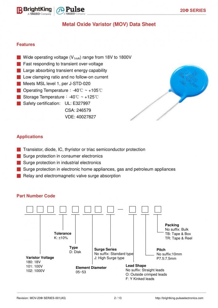 Brightking MOV datasheet page 1
