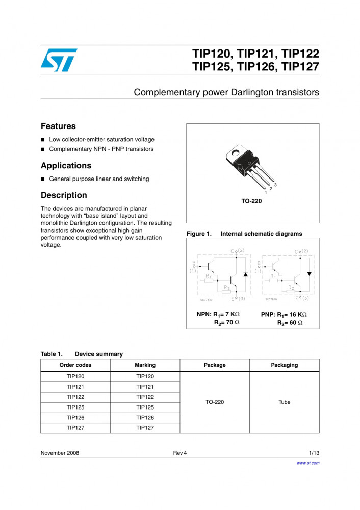 TIP125 datasheet page 1