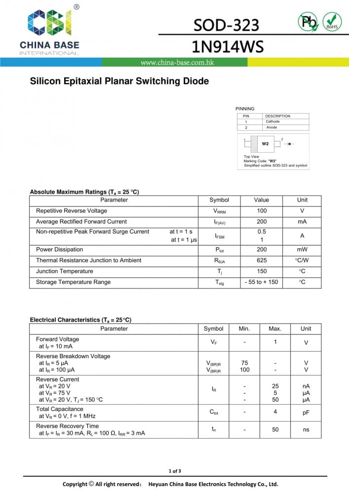 CBI 1N914WS datasheet page 1