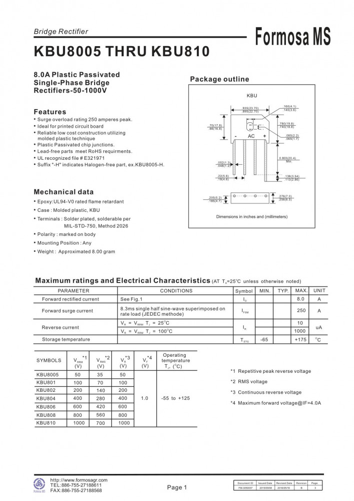 KBU8005 through KBU810 datasheet page 1
