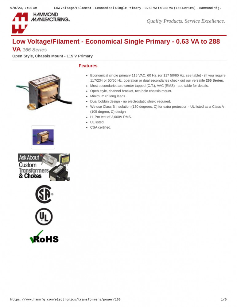 Hammond 166 Series document page 1