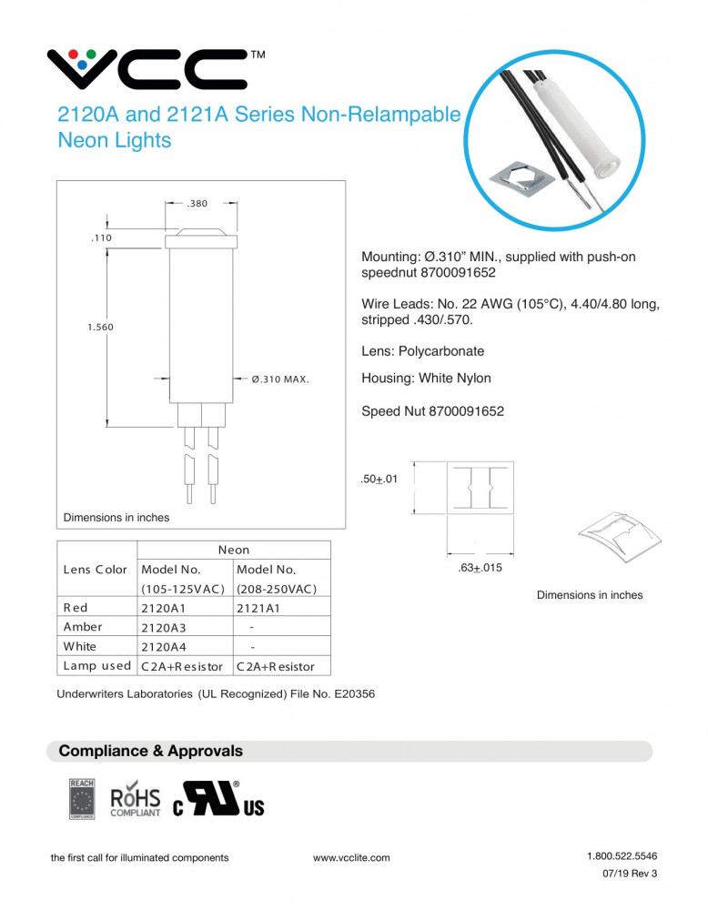 VCC 2120A and 2121A series non-relampable neon lights product document