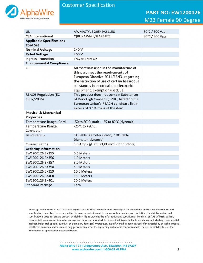 Alpha Wire EW1200126 BK401 drawing and technical data