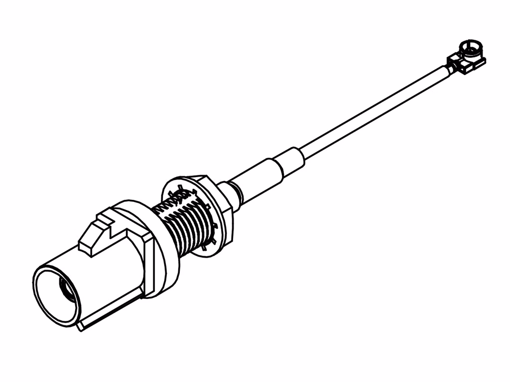 FAKRA SMB Straight Jack IP67 Keying Code D Bordeaux Violet to MCRF Right-Angle Plug pn 1.32mm Cable, 95.00mm Length, 50 Ohms