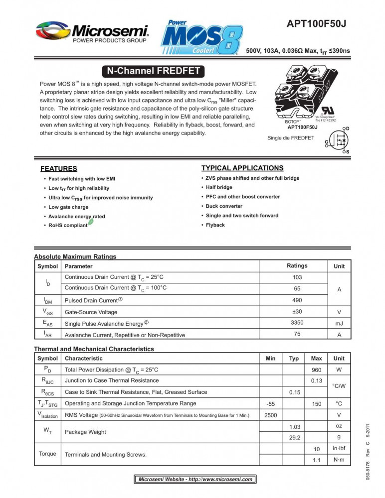 APT100F50J datasheet page 1