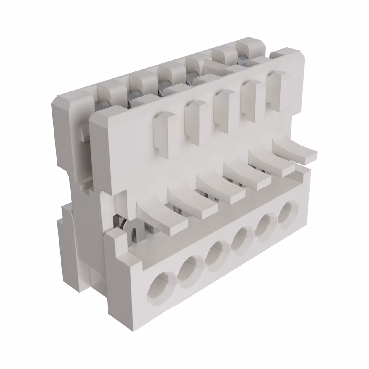 Appli-Mate RAST 2.5 IDT Housing, 2.50mm Pitch, Female, 6 Circuits, Beaded Terminal, Position Keys A & G Removed, Slotted Endwalls, Polarizing Rib Between Circuits 5 & 6