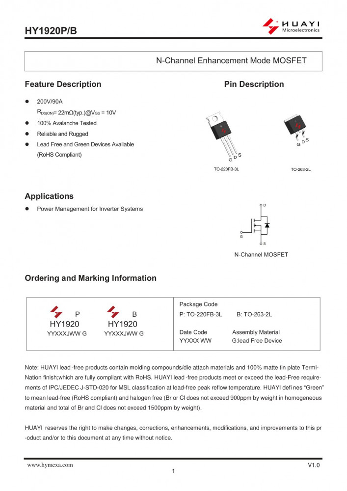 HY1920P datasheet page 1