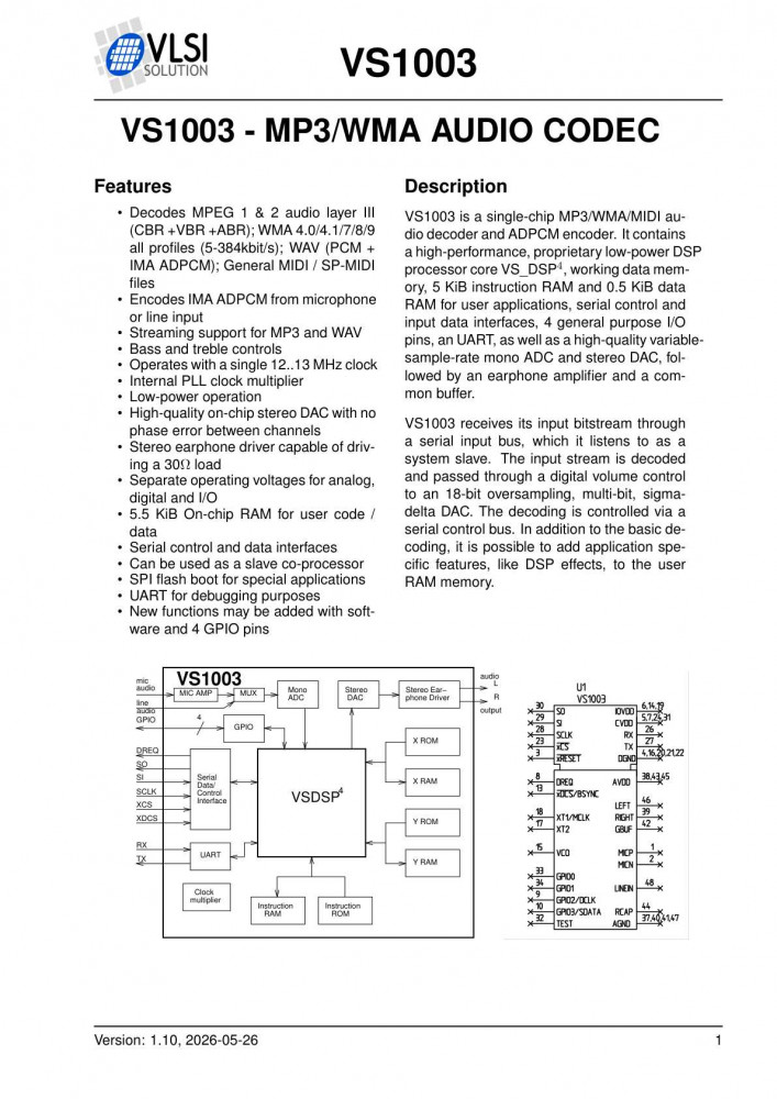 VS1003 technical document page 1