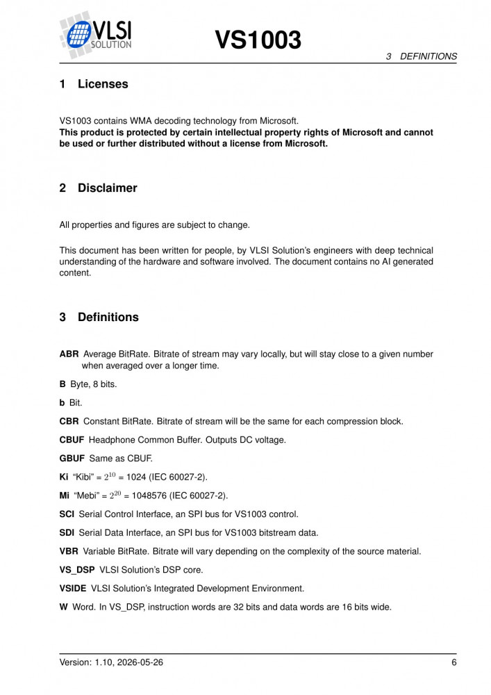 VS1003 technical document page 6