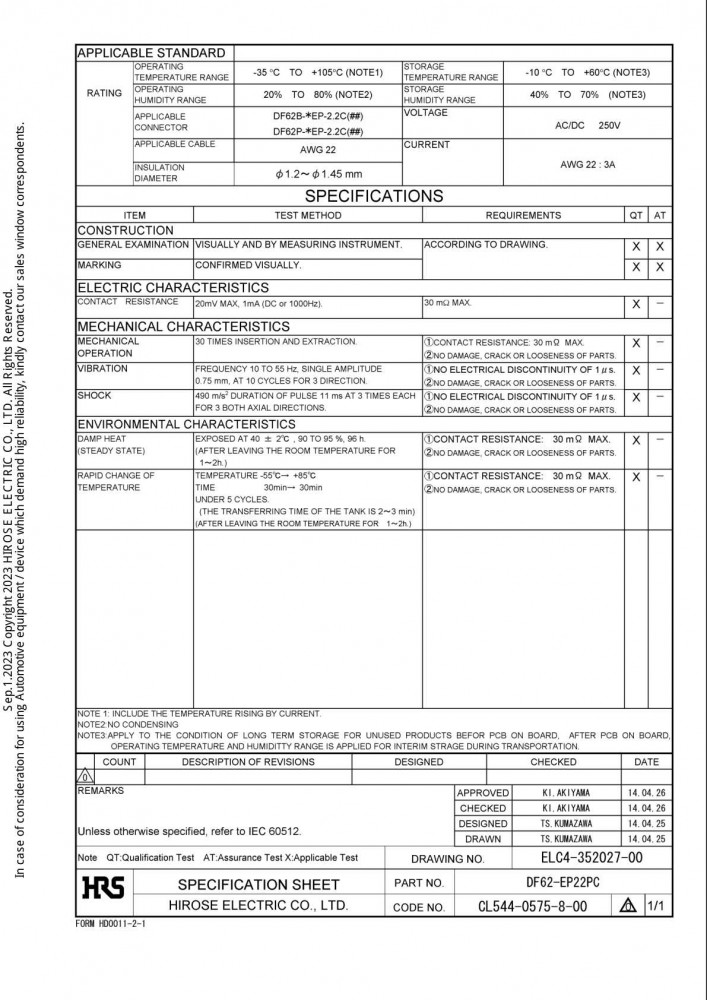 HRS DF62-EP22PC specification sheet