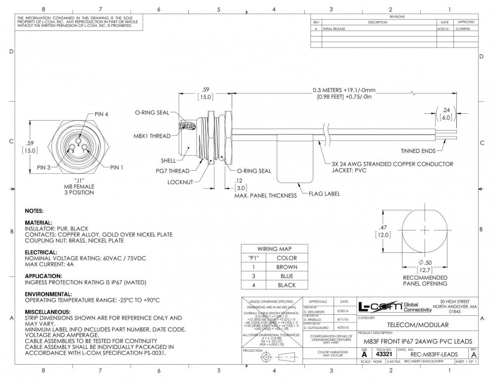 REC-M83FF-LEADS L-com technical drawing