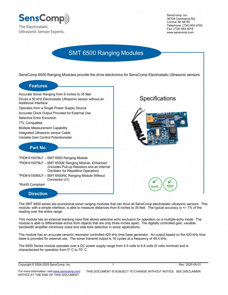 SensComp 6500 ranging module document page 1